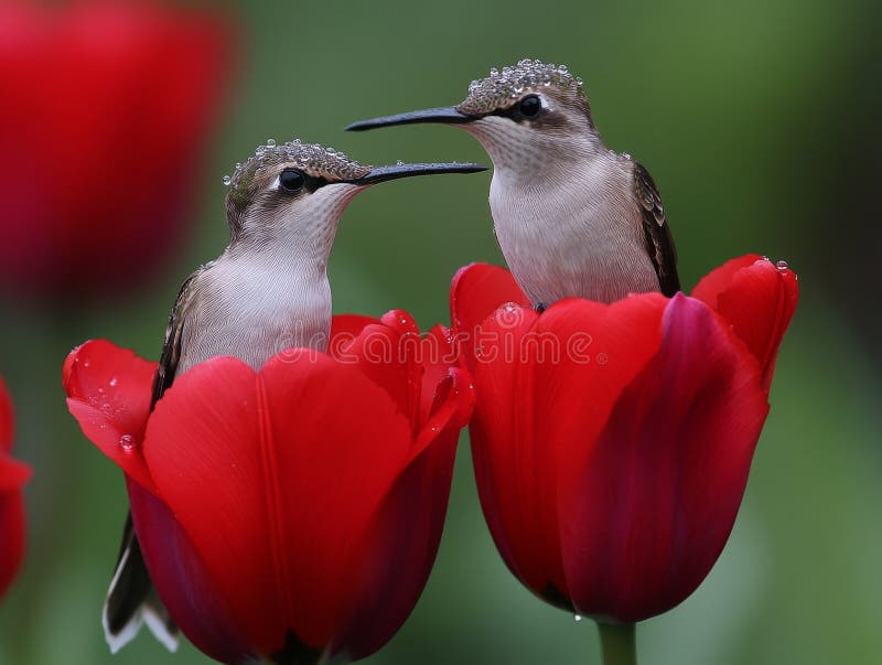 A Pair of Hummingbirds Resting on a Crimson Flower Stock Image - Image ...
