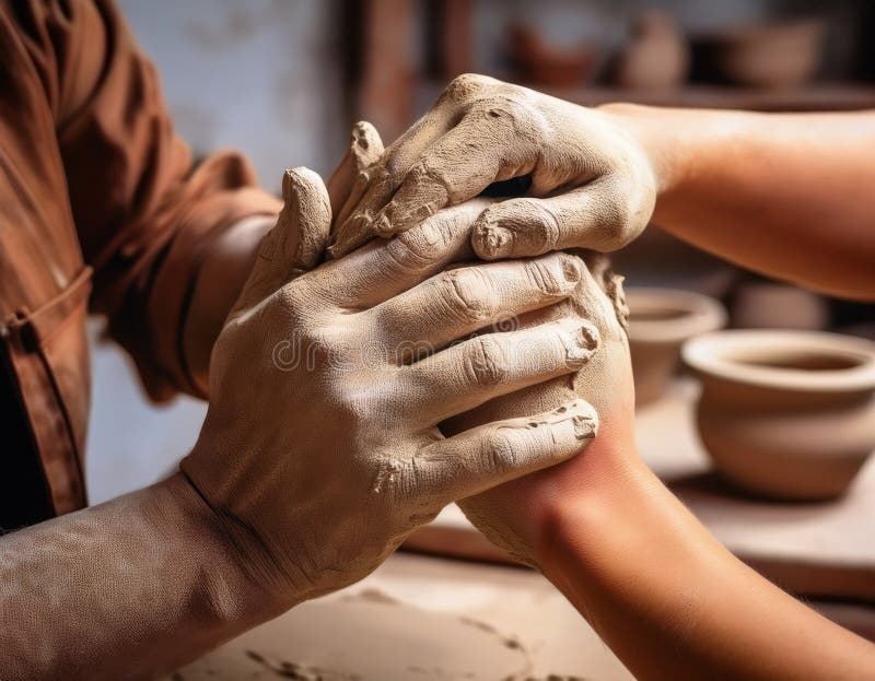 A Pair of Intertwined Hands Made of Clay Crafted Together at a Pottery Studio, Representing ...