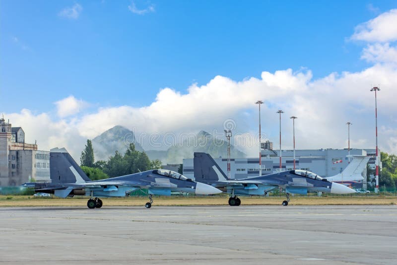 Pair of Jet Fighters are Taxiing Around the Airfield after a Training ...