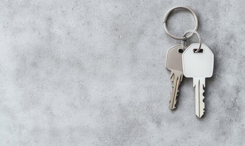 A Pair of Keys on a Keyring Against a Grey Concrete Background. Concept ...