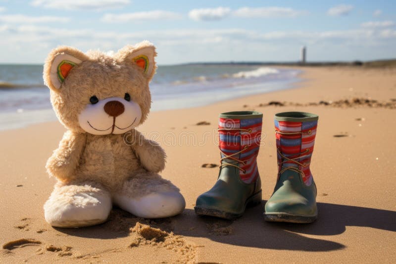 Pair of Kids Boots and a Soft Toy on a Sandy Beach Stock Image - Image ...