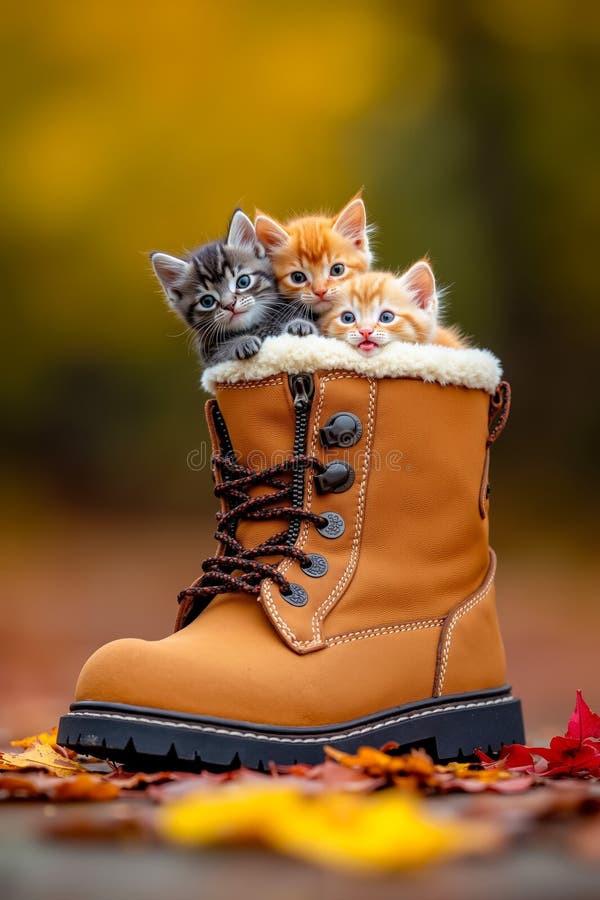 A Pair of Kittens Sitting on Top of a Pair of Boots Stock Photo - Image ...