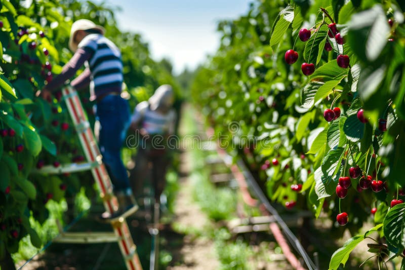 Pair on a Ladder Picking Cherries in an Orchard Stock Photo - Image of ...