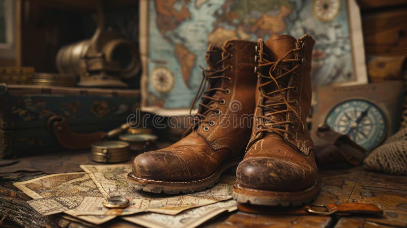 A Pair of Leather Boots on a Map. Stock Image - Image of footwear ...