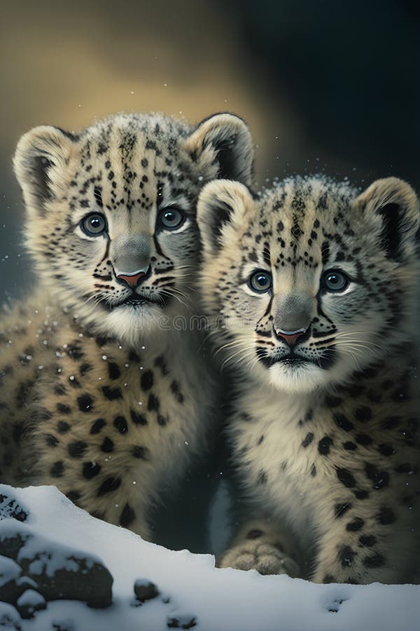 Pair of Leopard Cubs in the Snow, Digital Painting Stock Illustration ...