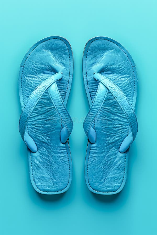 Pair of Light Blue Flip Flops on a Vibrant Blue Background, Top View ...