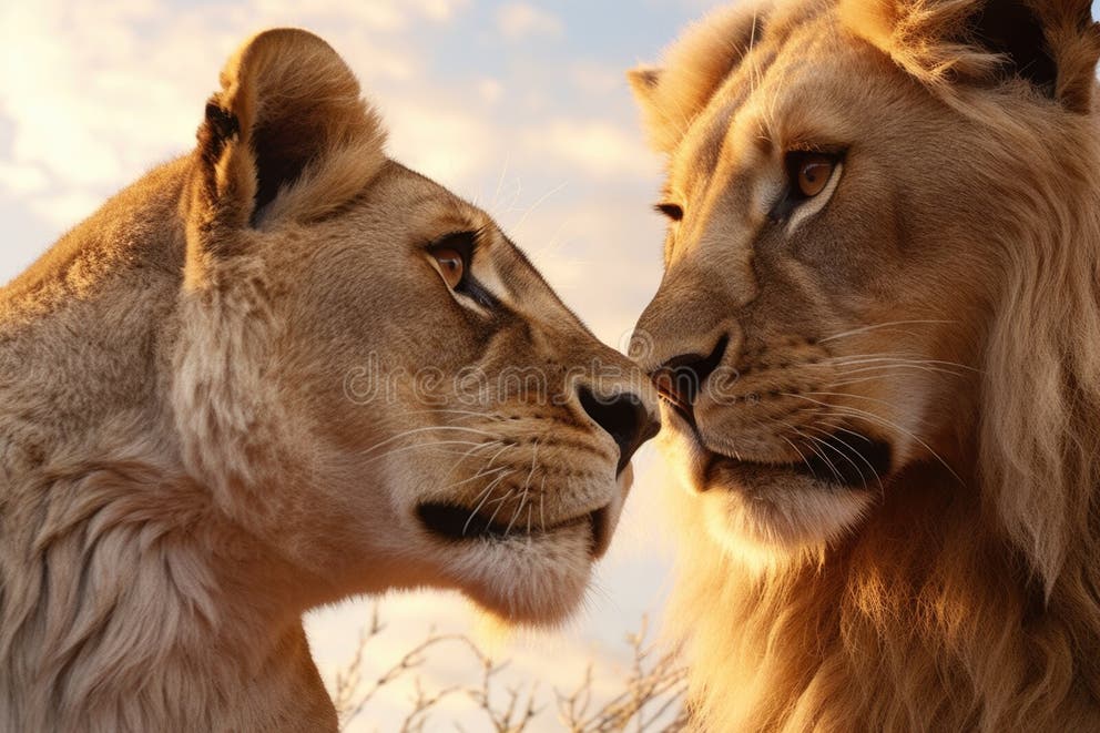 A Pair of Lions Standing Side by Side, Looking Straight Ahead Stock ...