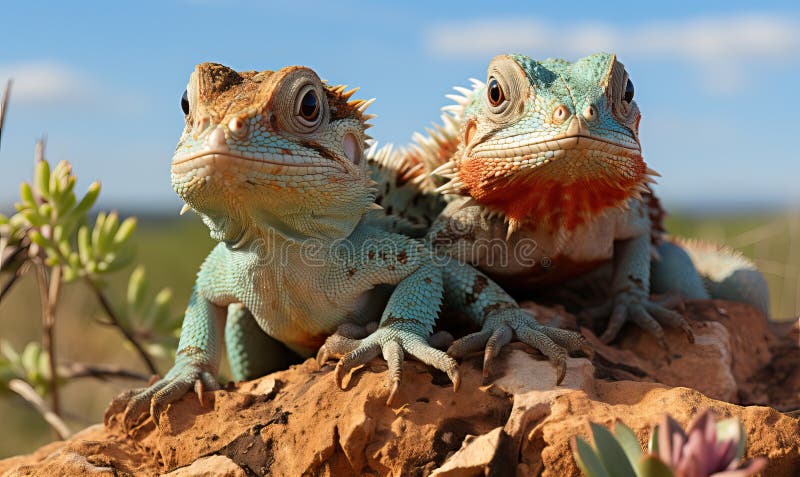 Two Lizards on Rock. Generative AI Stock Image - Image of reptiles ...