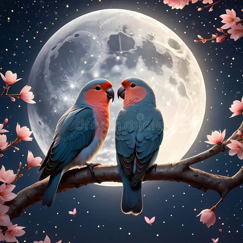 A Pair of Loverbirds Snuggling, Under a Glowing Full Moon, with Falling ...