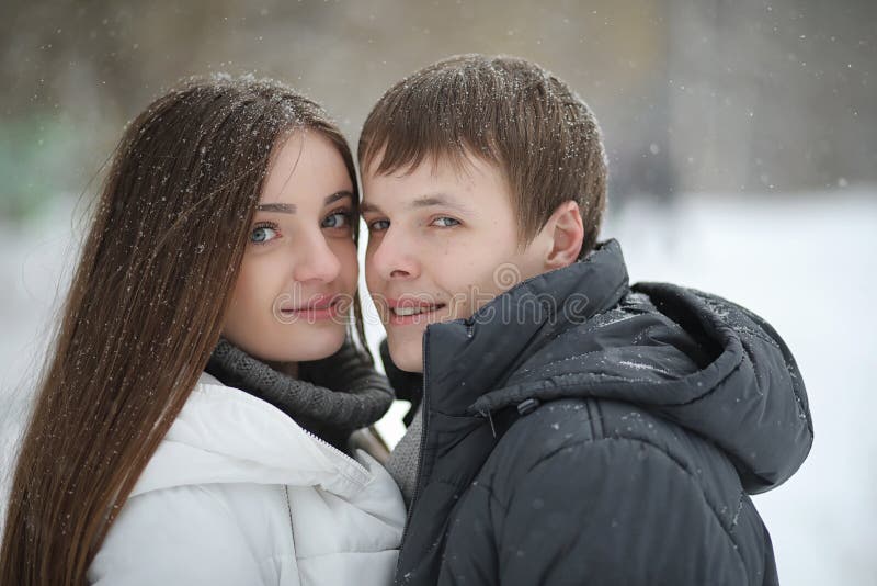 Pair of Lovers on a Date Winter Afternoon in a Snow Blizzard Stock ...