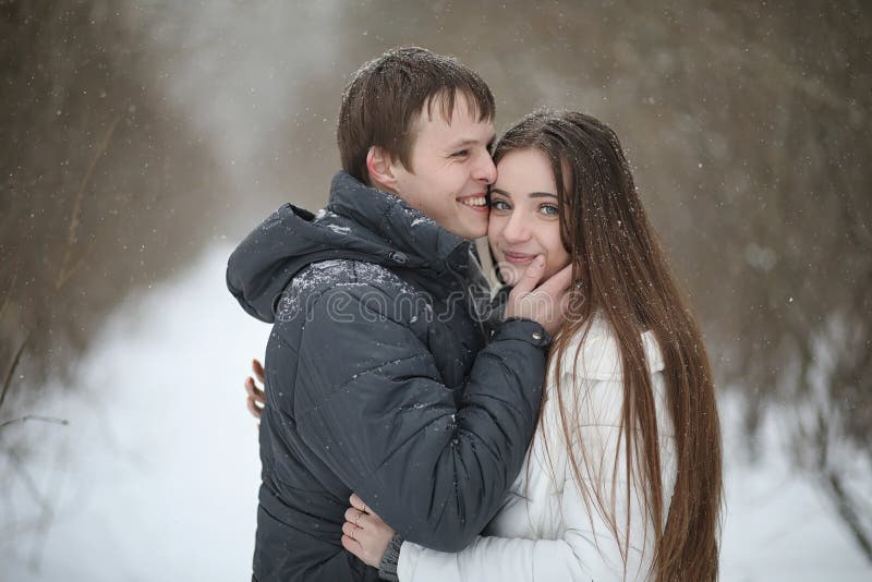 Pair of Lovers on a Date Winter Afternoon in a Snow Blizzard Stock ...