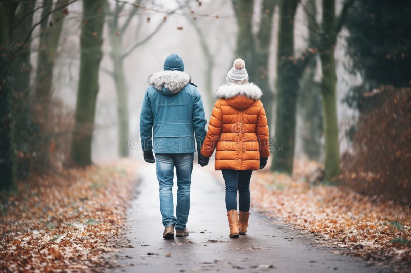 Pair in Matching Jackets Walking a Wintery Forest Path Stock ...