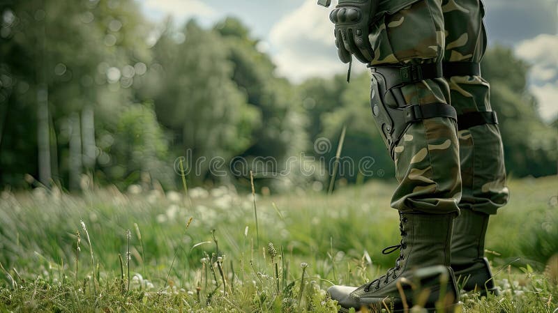 A Pair of Military Boots Stands in a Grassy Field, with Trees in the ...