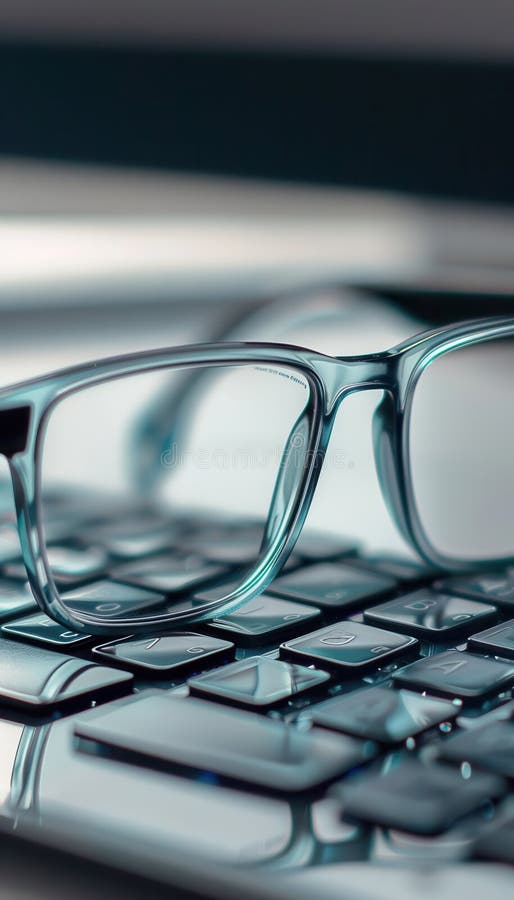 A Pair of Modern Eyeglasses Rests on a Laptop Keyboard, Reflecting the ...