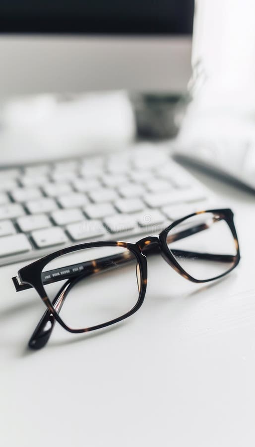 A Pair of Modern Eyeglasses Rests on a White Desk Near a Computer ...