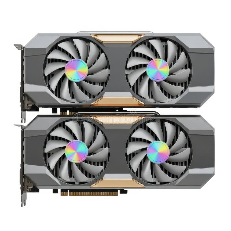 Pair of Modern Graphics Cards with Rgb Fans Isolated on White ...
