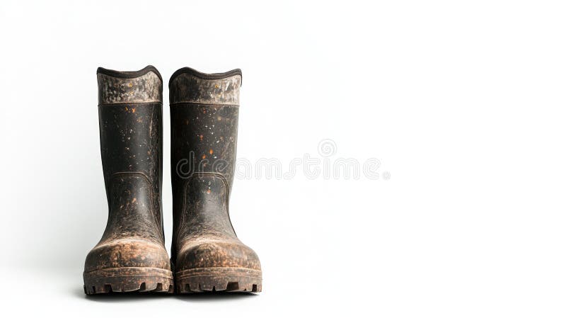 A Pair of Muddy Work Boots Stands on White Background Stock ...
