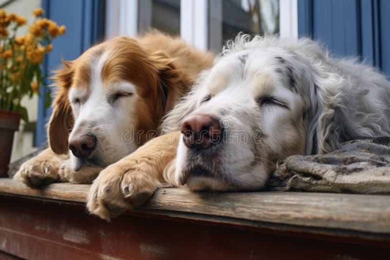 A Pair of Old Dogs Sleeping Side by Side on a Porch Stock Photo - Image ...