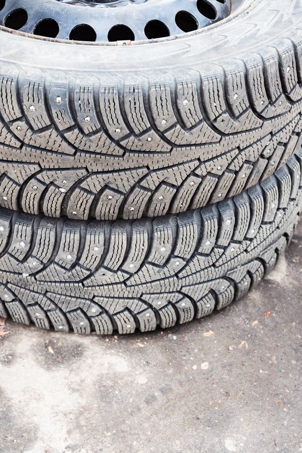 Pair of Old Studded Snow Tires on Ground Stock Image - Image of site ...
