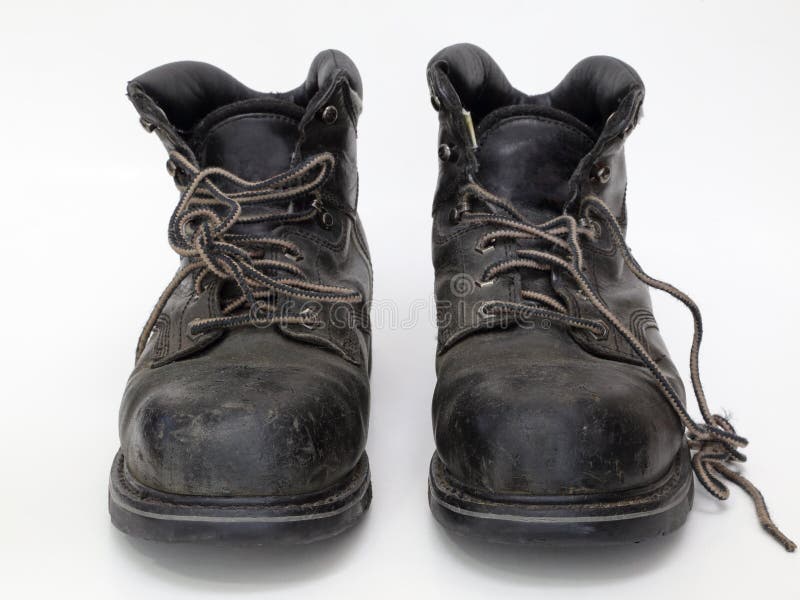 Pair of Old Worn Leather Steel-toe Work Boots Front View Stock Photo ...