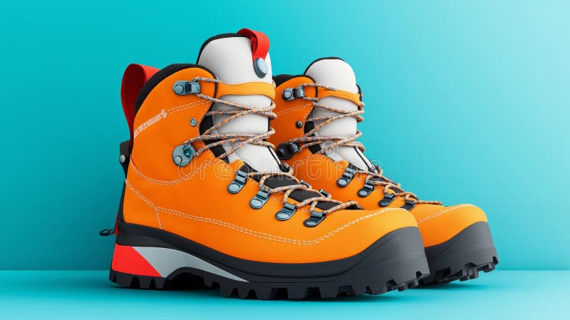 A Pair of Orange Hiking Boots on a Blue Background Stock Photo - Image ...