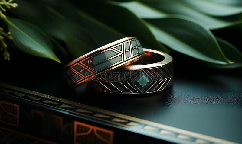 A Pair of Ornate Wedding Rings. Art Deco Style Stock Illustration ...