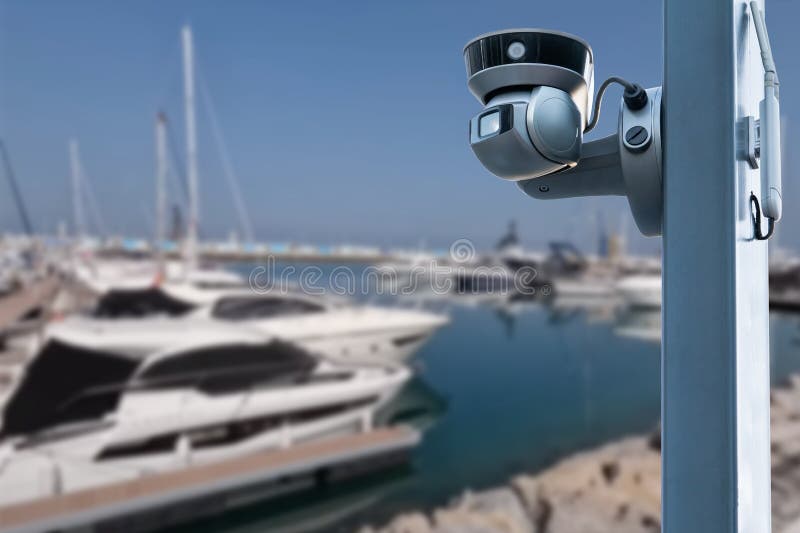 Pair of Outdoor Security Cameras in Yachting Harbor. Stock Image ...