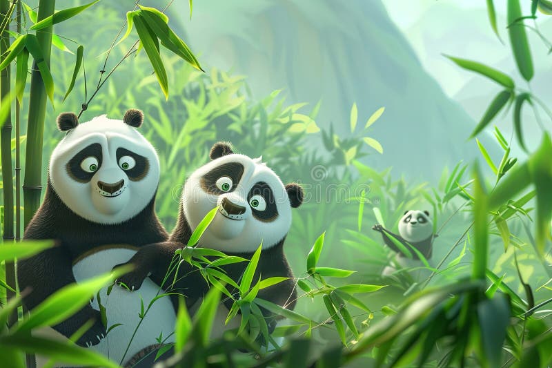 Pair of Panda Cartoon Bears Standing Side by Side in a Bamboo Thicket ...