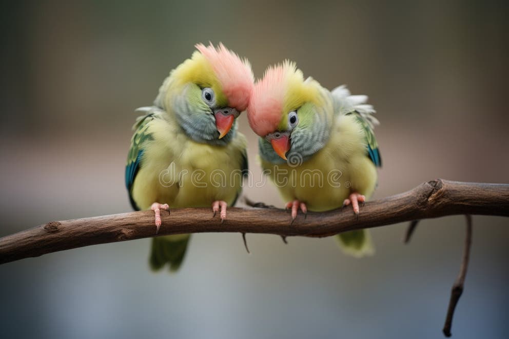 Pair of Parakeets Perched on a Branch, Heads Touching Stock Photo ...