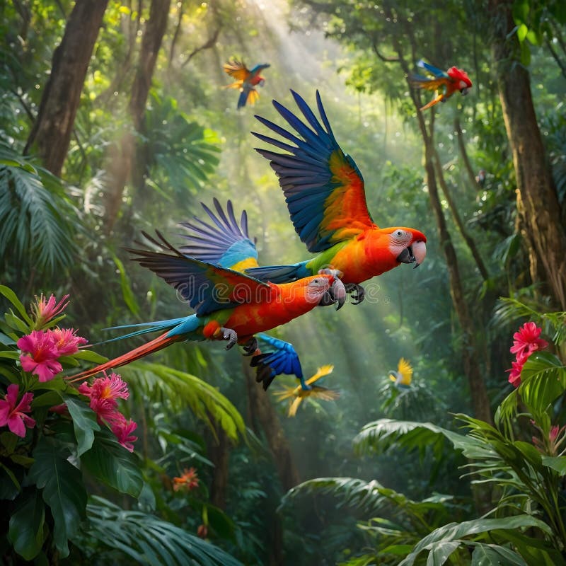 Pair of Parrots Soaring through Vibrant Rainforest Canopy Stock Image ...