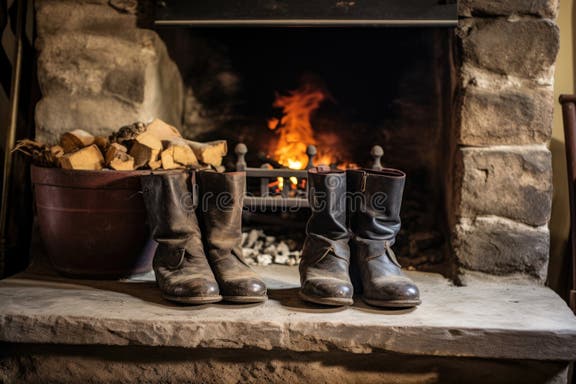 A Pair of Pilgrim Boots by an Old Stone Fireplace Stock Photo - Image ...