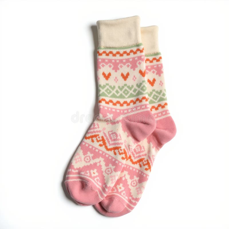 Pair of Pink and Cream Knit Socks with Fair Isle Pattern Stock ...