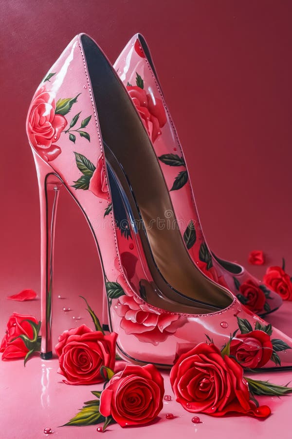 A Pair of Pink High Heels with Red Roses on a Pink Background Stock ...