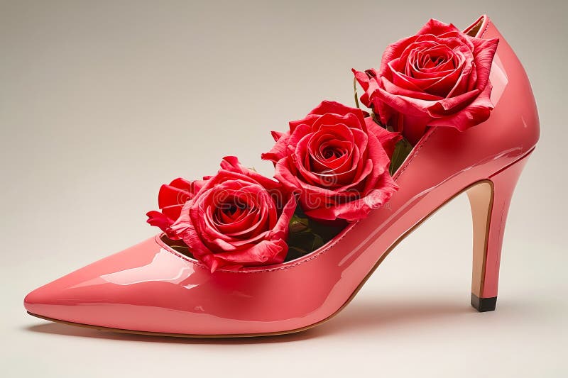 A Pair of Pink Shoes with Red Roses in the Heel. Generative AI Stock ...