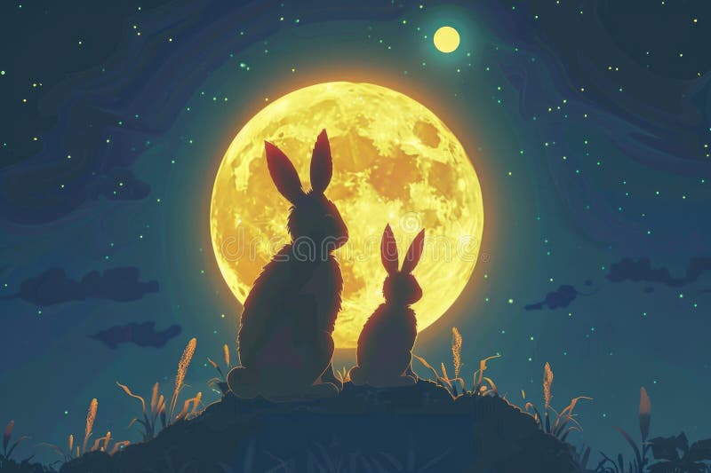 A Pair of Rabbits Sit on the Top of a Hill Under a Full Moon, Peaceful ...