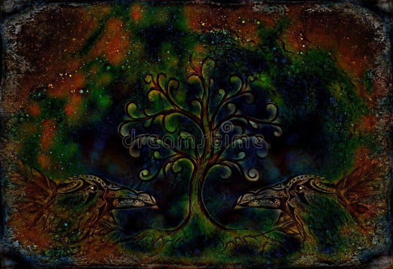 Pair of Ravens with Tree of Life and Sacred Geometry Flower of Life ...