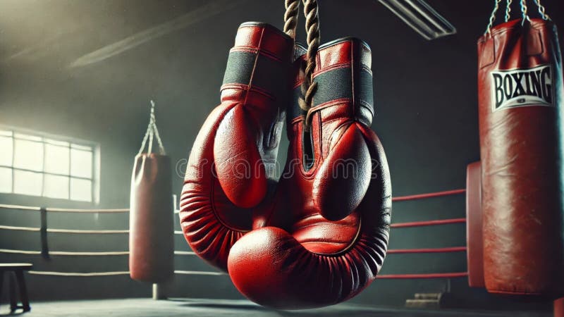A Pair of Red Boxing Gloves Hanging from a Rope in a Dimly Lit Gym ...