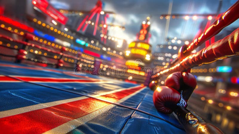 Pair of Red Boxing Gloves Rest on the Ropes of a Boxing Ring, the ...