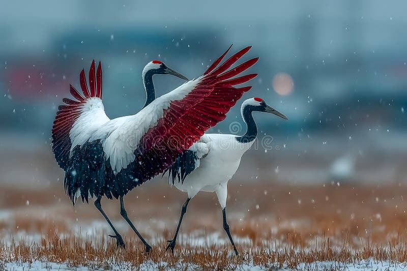 A Pair of Red-crowned Cranes Dancing in a Snow-covered Field, Wings ...