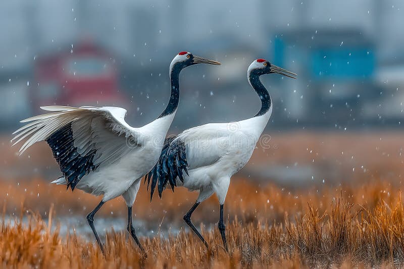 A Pair of Red-crowned Cranes Dancing in a Snow-covered Field, Wings ...