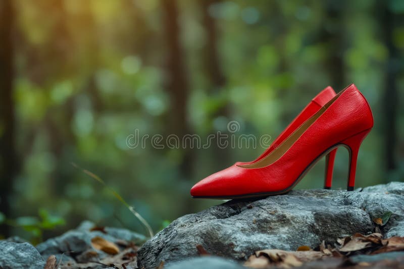 A Pair of Red High Heels Sitting on a Rock in the Woods. Generative AI ...