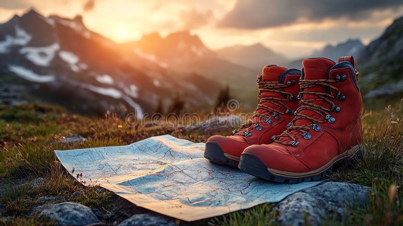 A Pair of Red Hiking Boots Resting on a Map Amidst Breathtaking ...