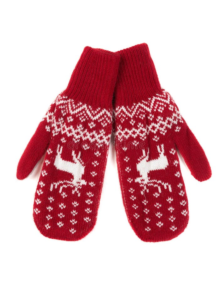Pair of Red Knitted Woolen Mittens. Isolate on White Stock Image ...