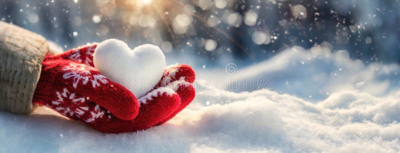 A Pair of Red Mittens Holding a Heart Shaped Snowball in the Winter ...