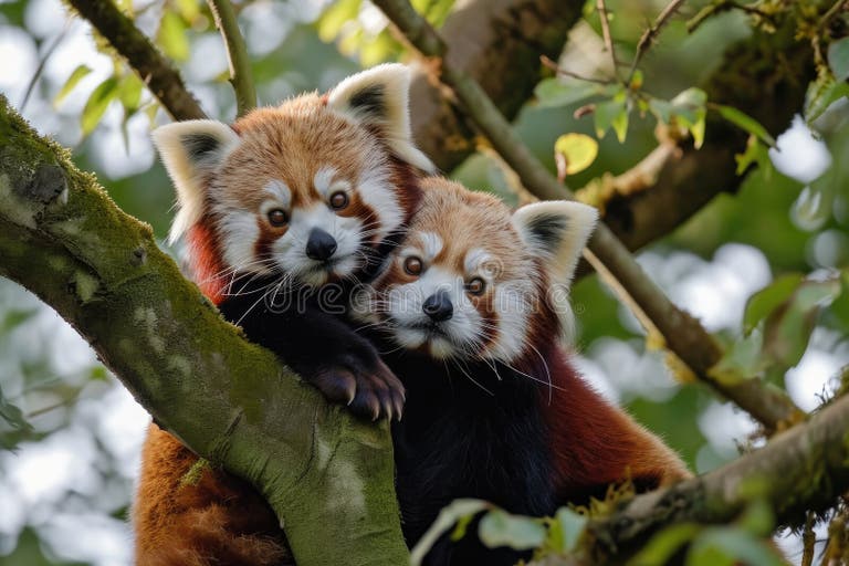 Pair of Red Pandas Playing in the Trees Stock Photo - Image of fluffy ...