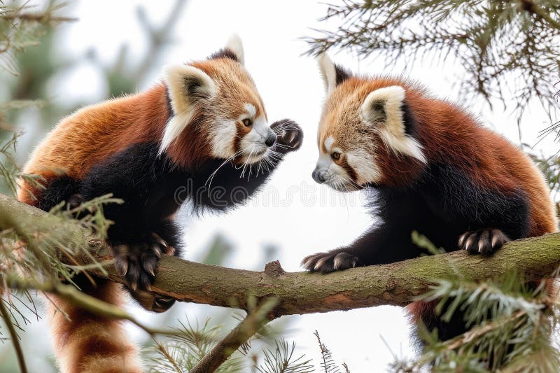 Pair of Red Pandas Playing in the Trees Stock Photo - Image of climbing ...