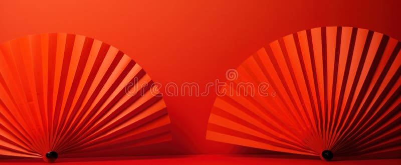 A Pair of Red Paper Fans on a Red Background, Panoramic Scale Stock ...