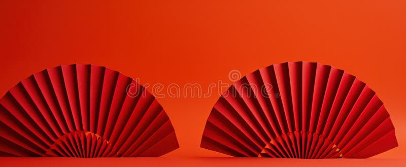A Pair of Red Paper Fans on a Red Background, Panoramic Scale Stock ...