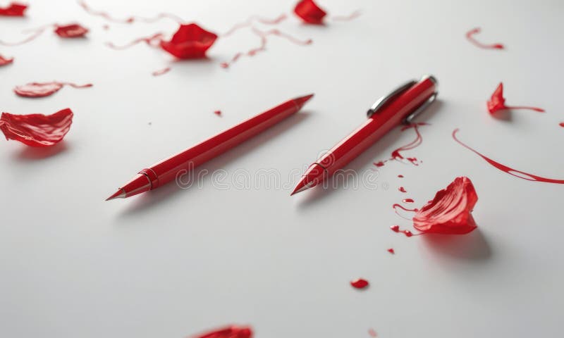A Pair of Red Pens are on a White Table, with One Pen Being Broken in ...