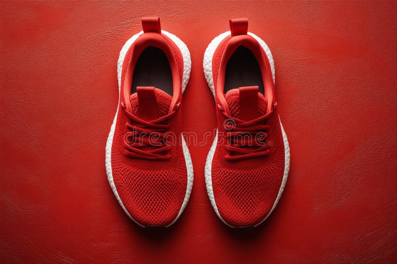 Pair of Red Sneakers Resting on Matching Red Surface Stock Image ...